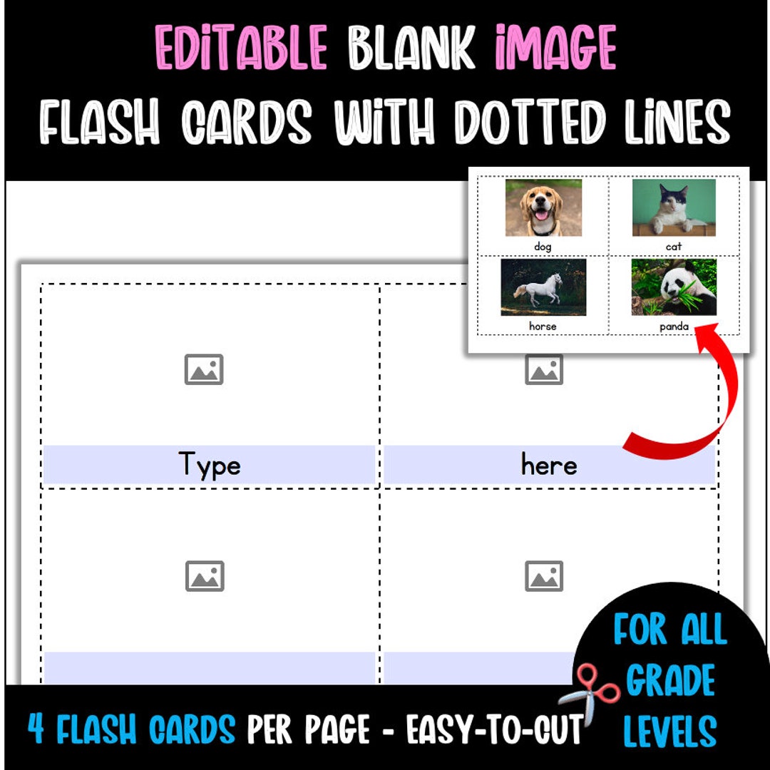 Editable Image Flash Cards With Dotted Lines - 4 per Page | Flashcards ...