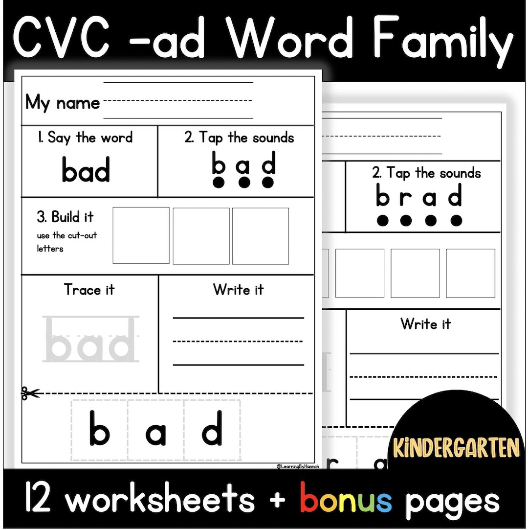CVC -ad Word Family Worksheets | CVC Words | Kindergarten Reading ...