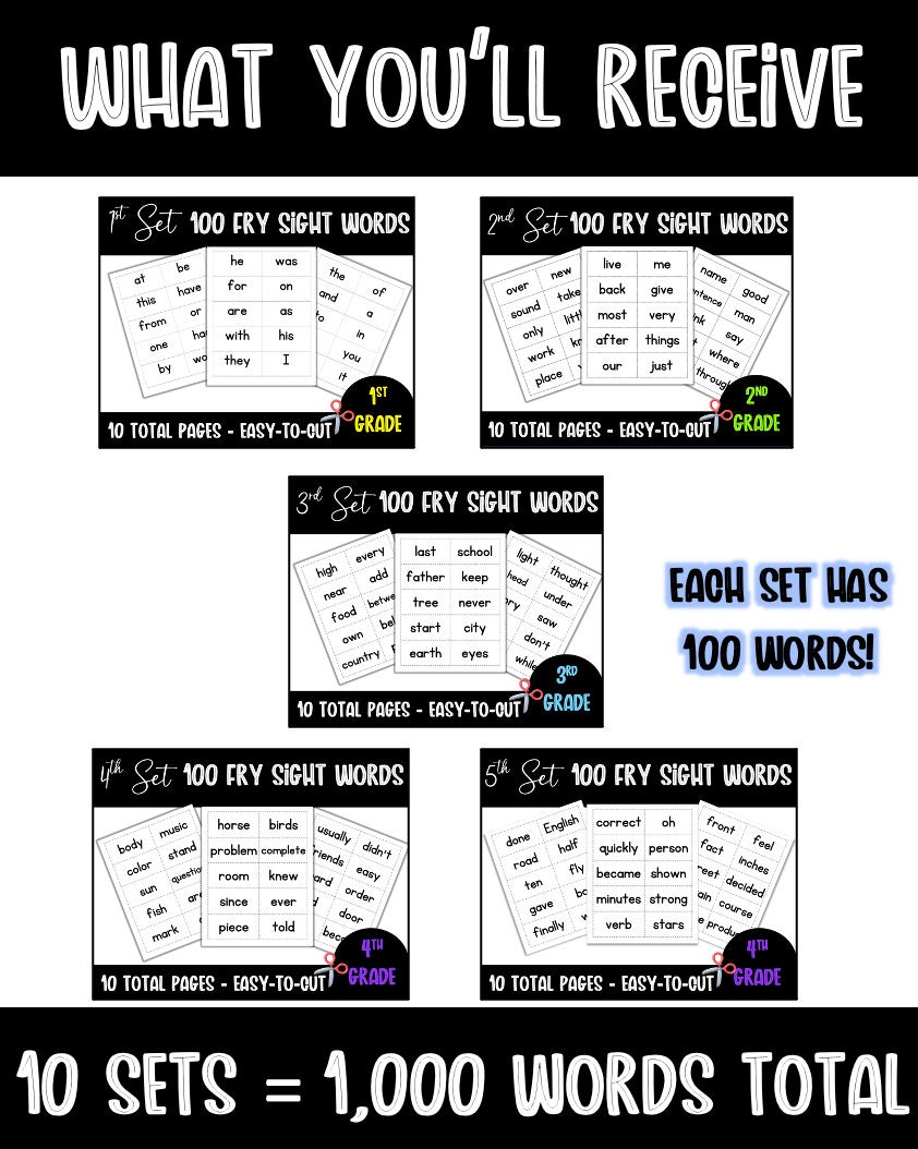 1,000 Fry Sight Words Downloadable BIG BUNDLE | Sight Words Printable ...