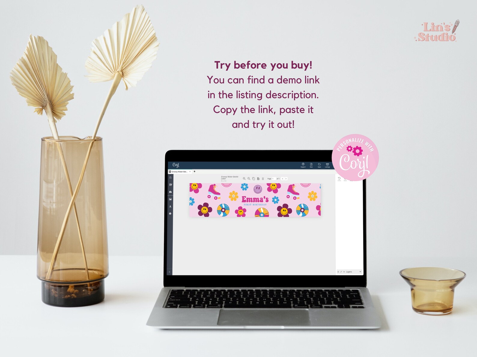 Groovy Water Bottle Label, Retro, Flower, Smiley Birthday, Groovy Party ...