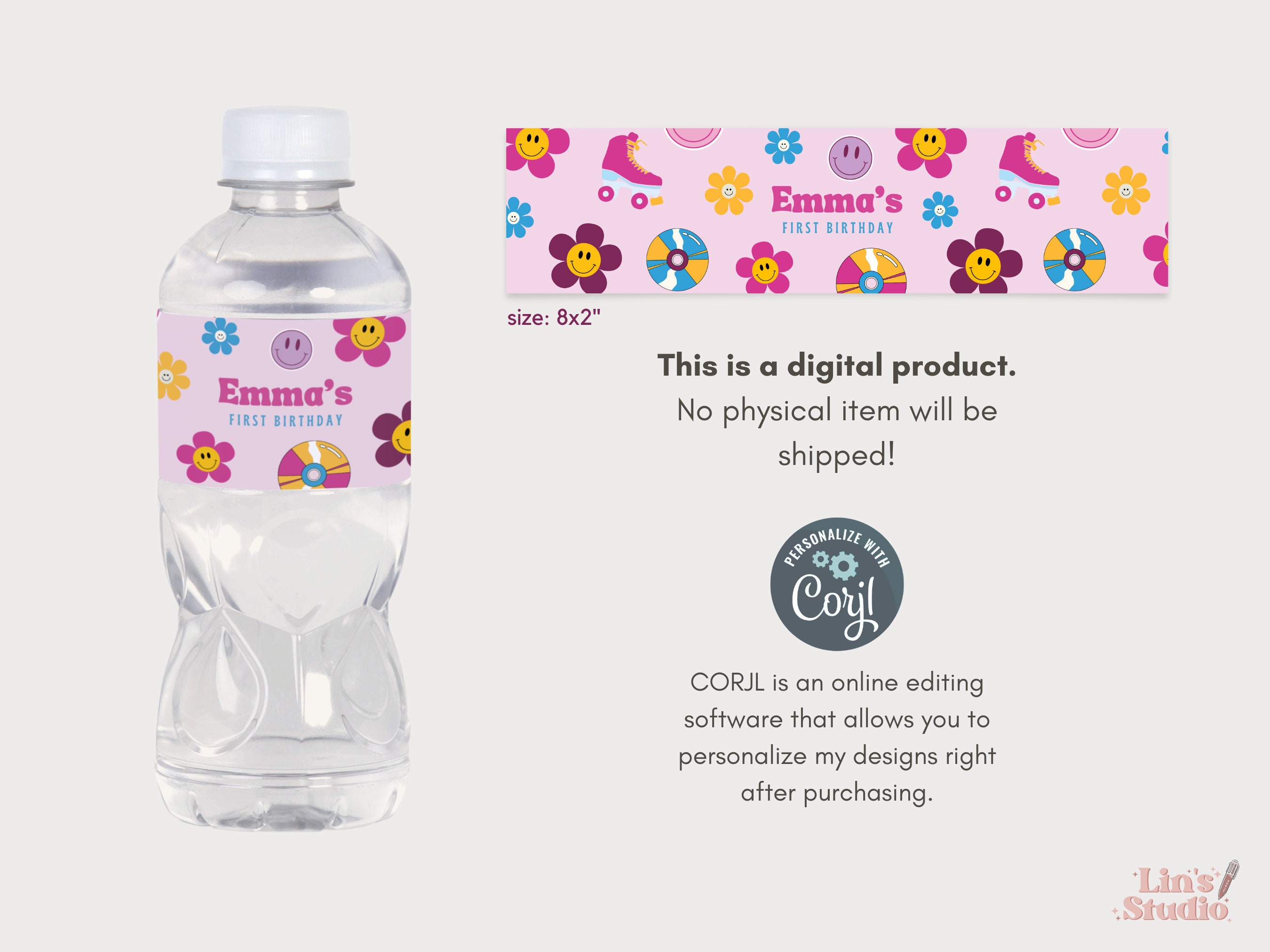 Groovy Water Bottle Label, Retro, Flower, Smiley Birthday, Groovy Party ...