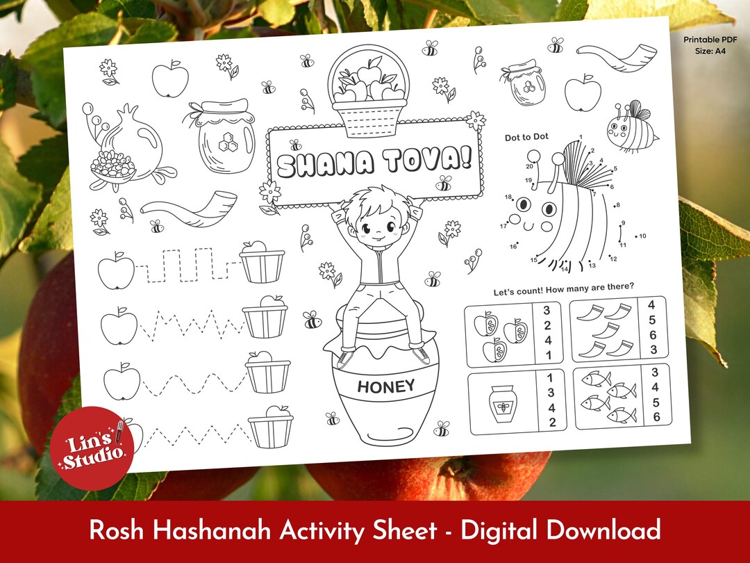 Rosh Hashanah Coloring Placemat, Kids Activity Sheet, Shana Tova Party ...
