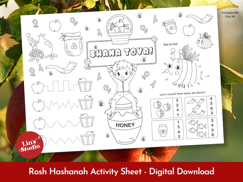 Rosh Hashanah Coloring Placemat, Kids Activity Sheet, Shana Tova Party ...