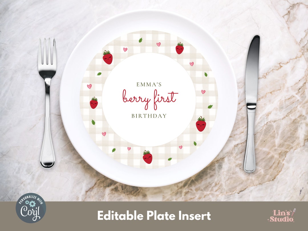 Strawberry Charger Plate Insert, Berry First Birthday, Editable DIY ...