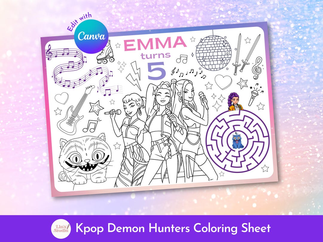 Kpop Demon Hunters Coloring Sheet, Huntrix Placemat, Kids Birthday ...