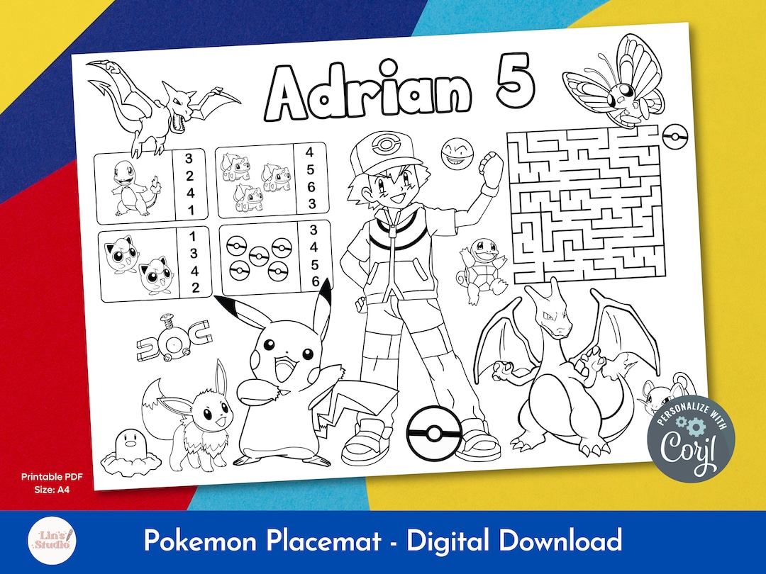 Pokemon Coloring Sheet, Birthday Party Placemat, Kids Activity ...