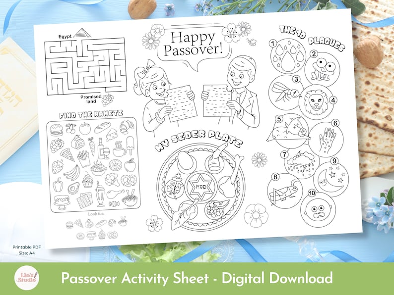 Passover Activity Sheet, Pesach Coloring Page, Seder Plate Placemat ...