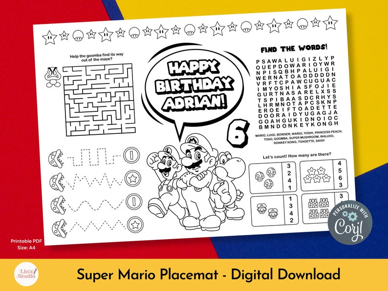 Super Mario Coloring Placemat, Birthday Activity Sheet, Kids Coloring ...