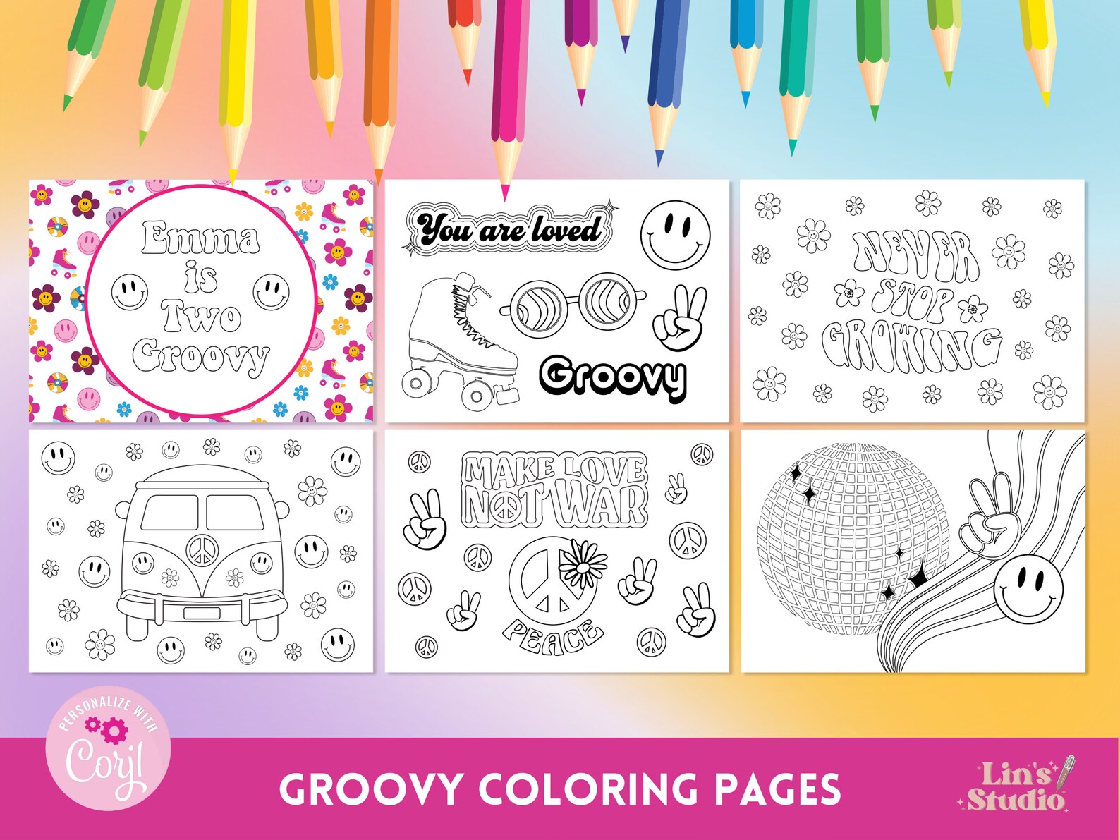 Groovy Coloring Pages, Coloring Book, Two Groovy Birthday Decor, Hippie ...