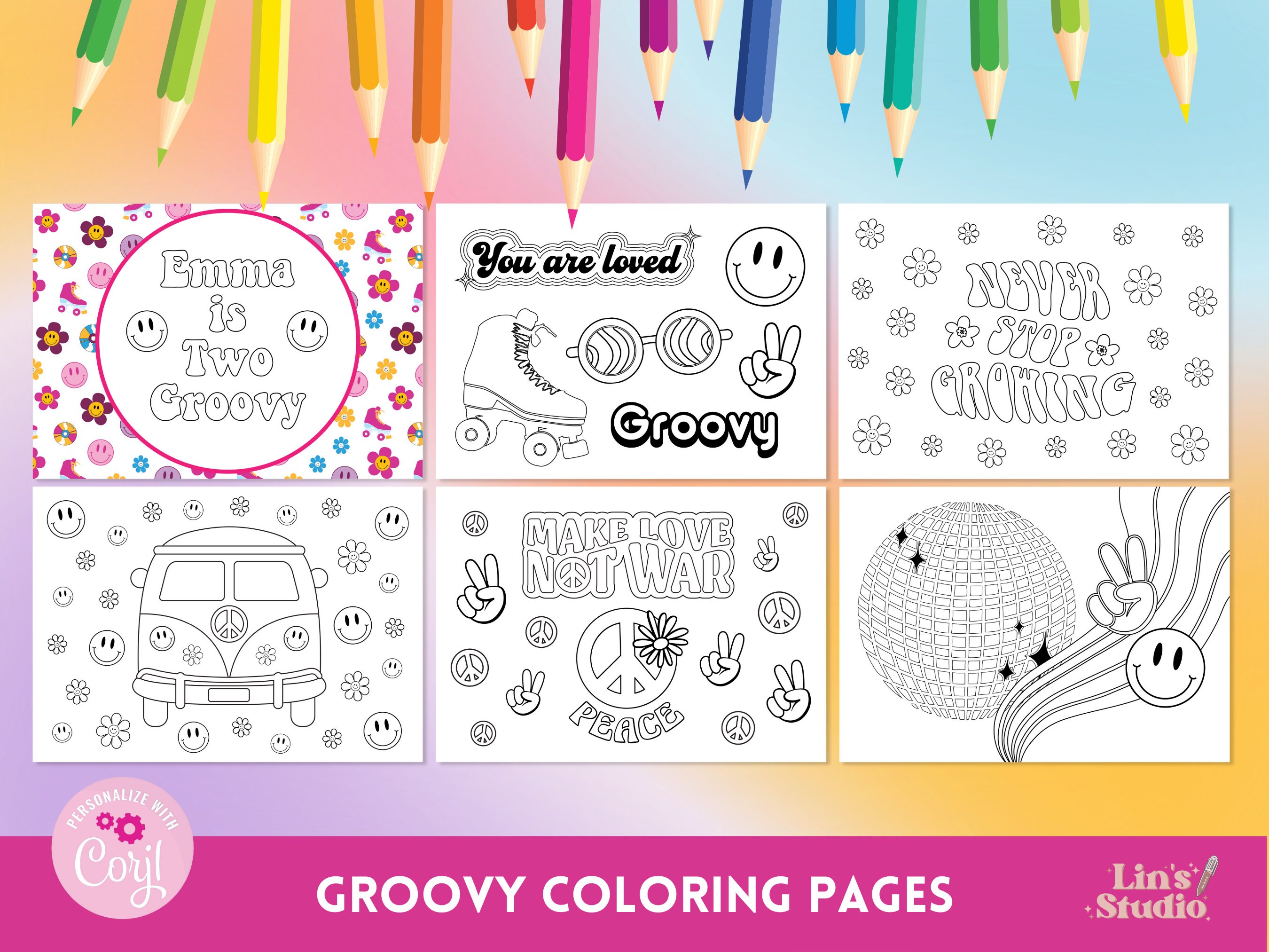 Groovy Coloring Pages, Coloring Book, Two Groovy Birthday Decor, Hippie ...