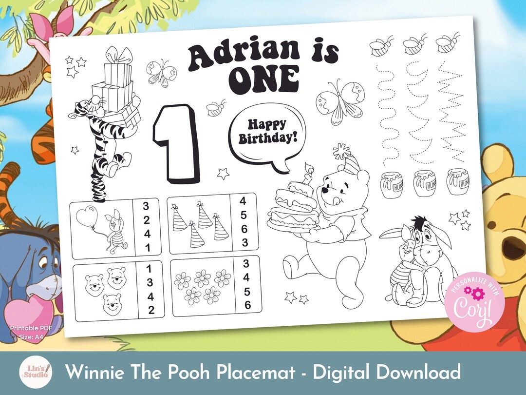 Winnie the Pooh Birthday Placemat, Babyshower Activity Sheet for Kids ...