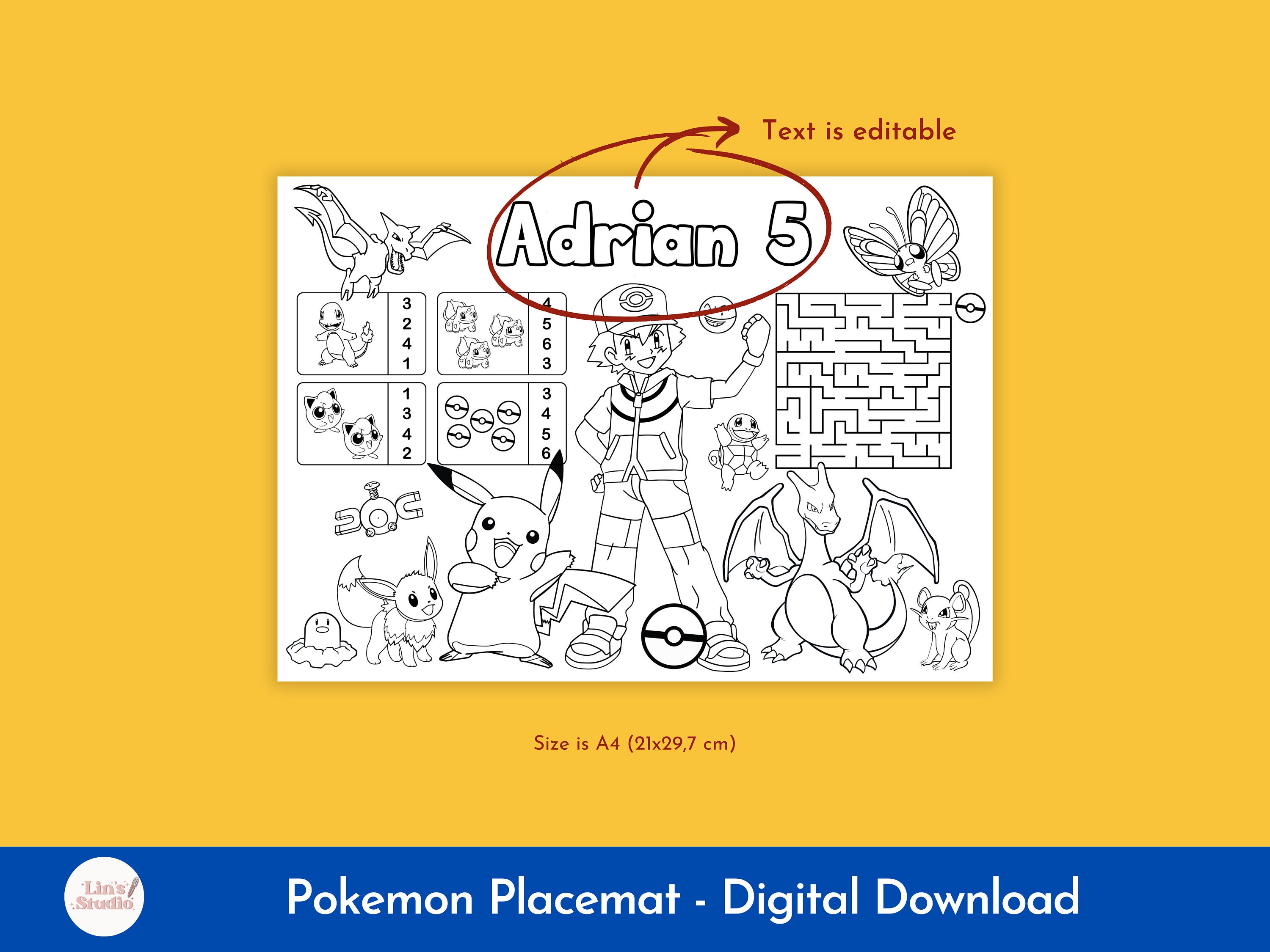 Pokemon Coloring Sheet, Birthday Party Placemat, Kids Activity ...