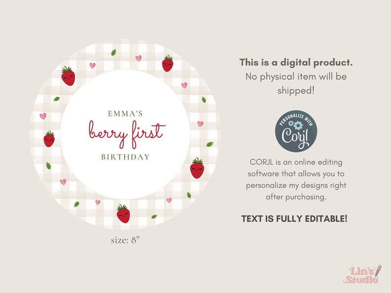 Strawberry Charger Plate Insert, Berry First Birthday, Editable DIY ...