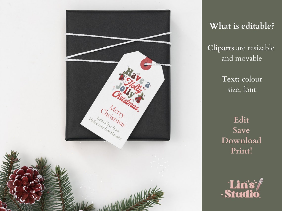 Printable Groovy Christmas Gift Tags, Editable in Corjl, DIY Holiday ...