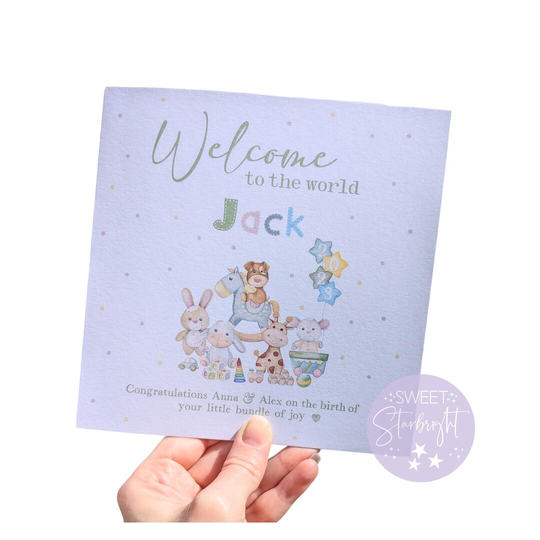 Welcome Baby Boy Card With Name, Year and Personalised Message. Cute ...