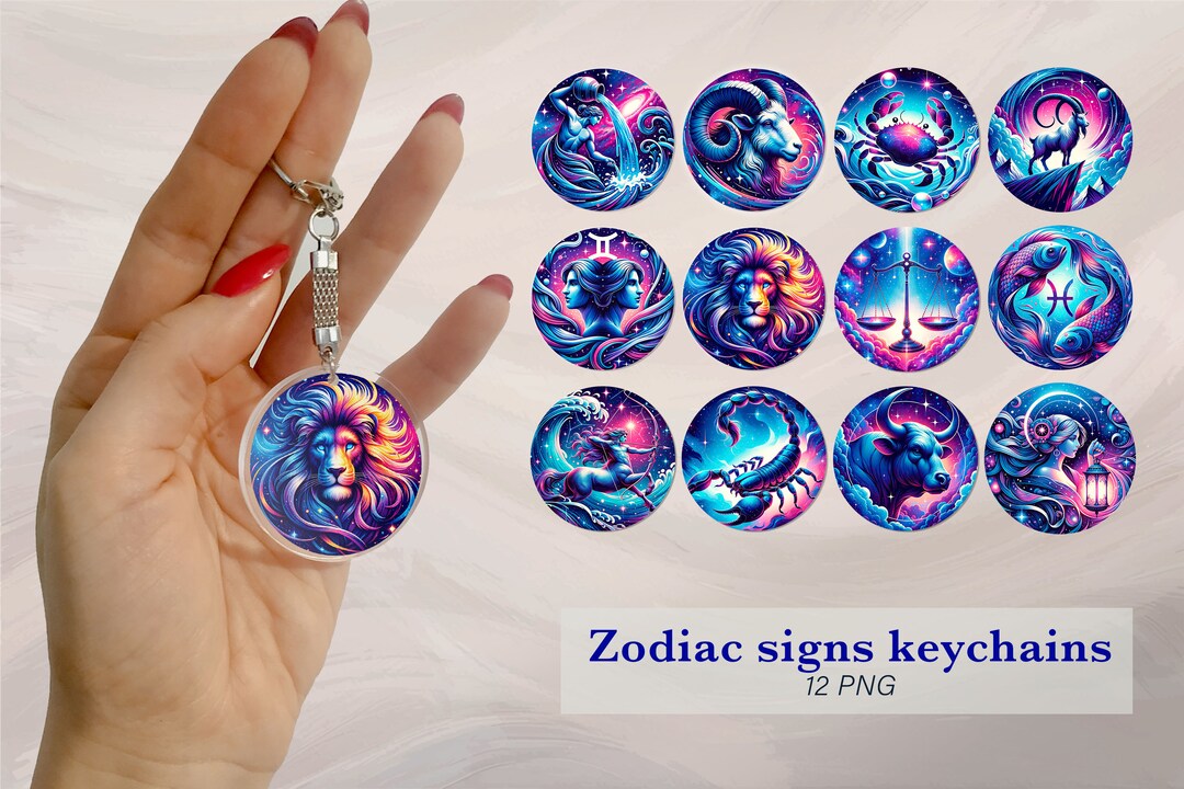 Zodiac Sign Keychain Sublimation | Astrology Keychains PNG Design ...