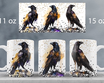Crows Halloween Mug Wrap, Gothic Black Ravens Mug Sublimation Design ...