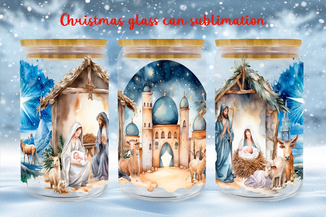 Christmas Glass Can Wrap Nativity Libby Can Sublimation Holy Family Glass Tumbler Design Birth ...