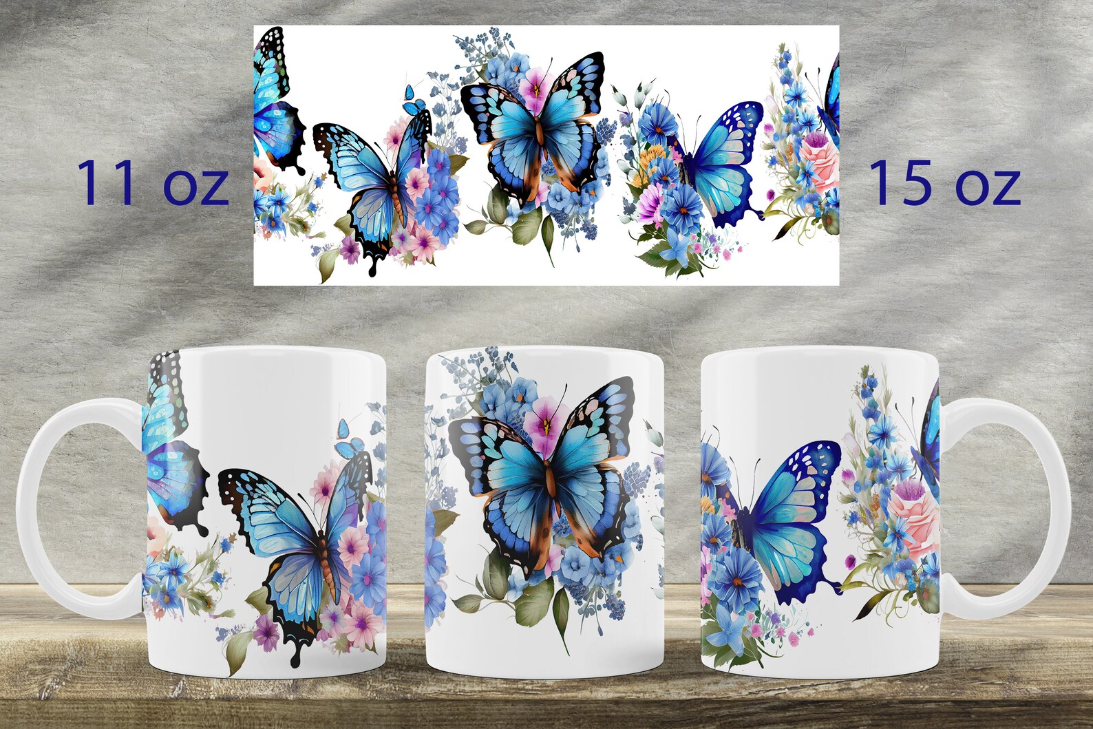 Blue Butterfly Mug Wrap Design Floral Mug Sublimation Png - Etsy