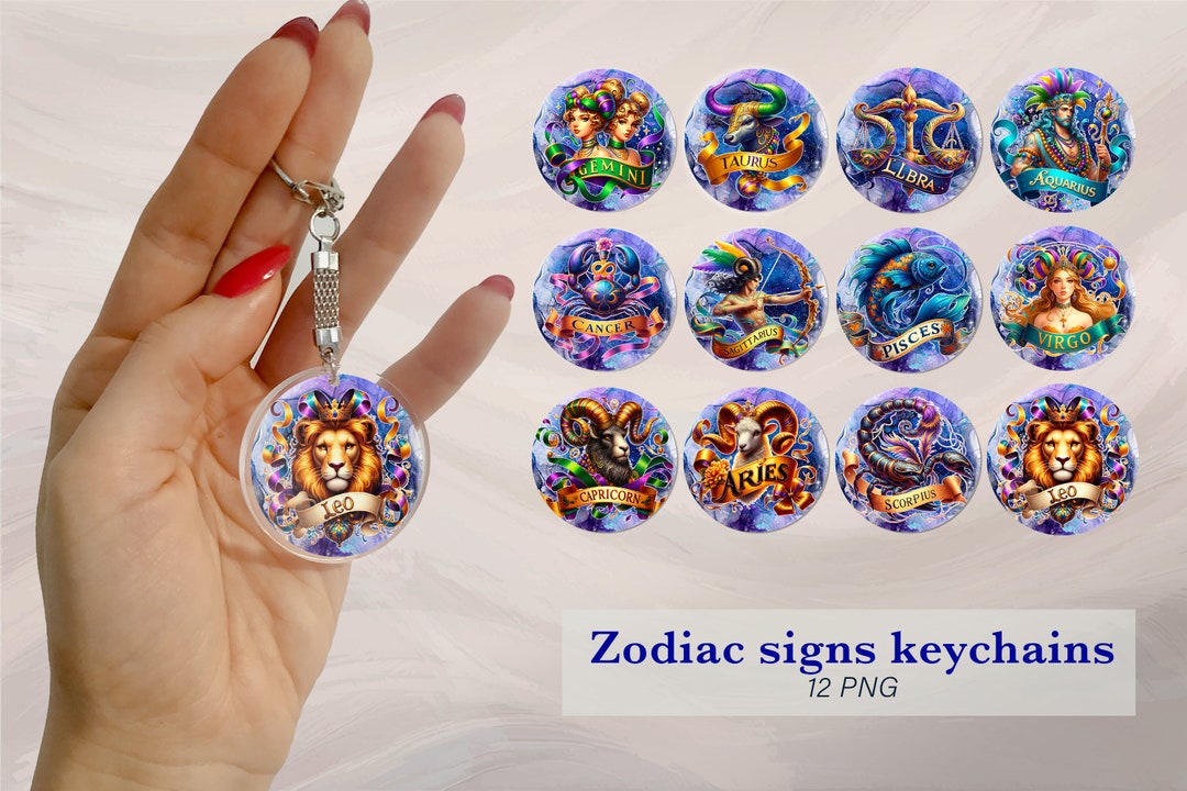 Zodiac Sign Keychain Sublimation | Astrology Keychains PNG Design ...