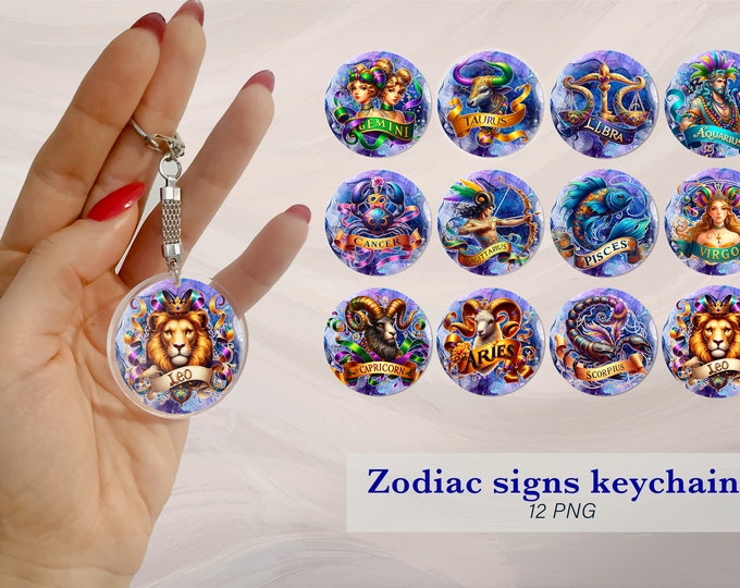 Zodiac Sign Keychain Sublimation | Astrology Keychains PNG Design ...