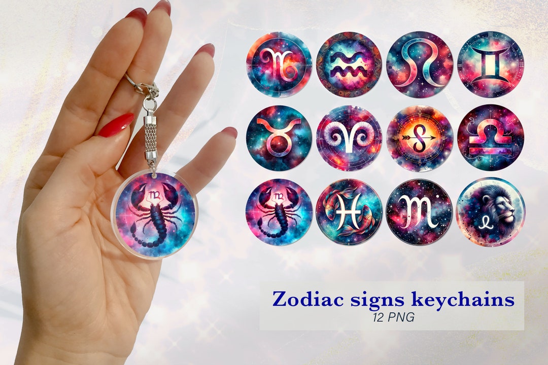 Zodiac Sign Keychain Sublimation | Astrology Keychains PNG Design ...
