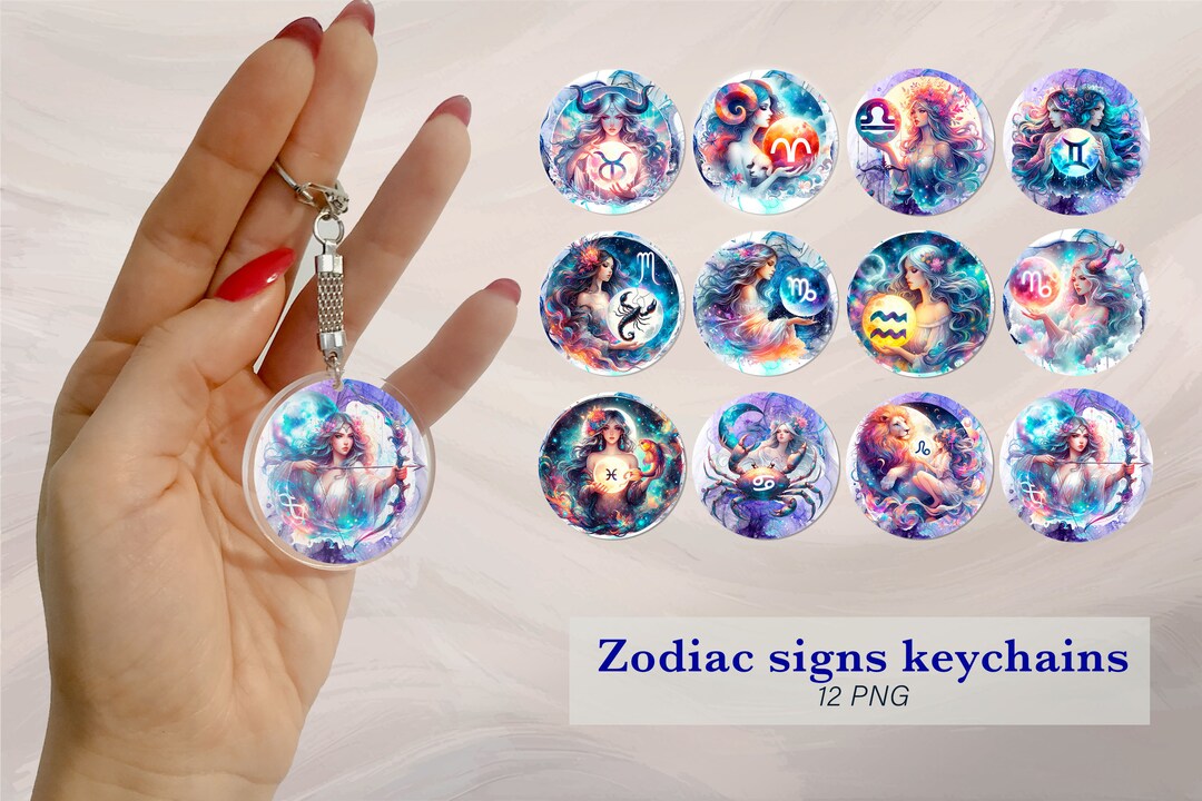 Zodiac Sign Keychain PNG Design: Astrology Key Ring Set - Etsy