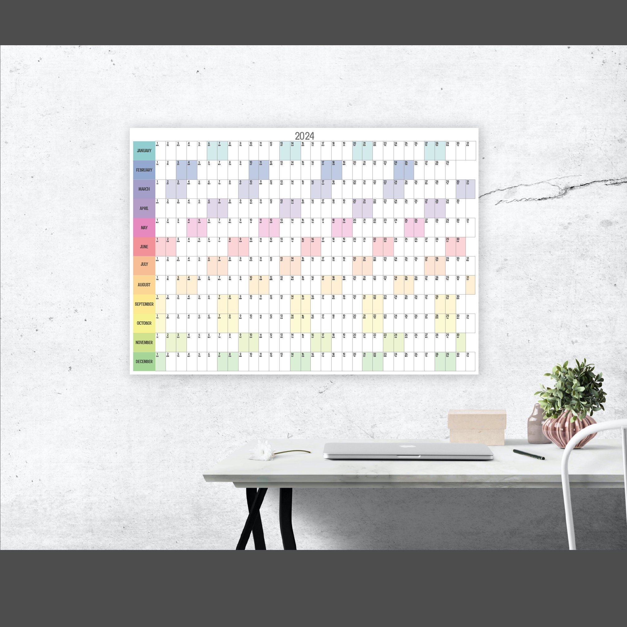 2024 Horizontal Full Year Wall Planner, Printable PDF, A4,A3,A2 & A1 ...