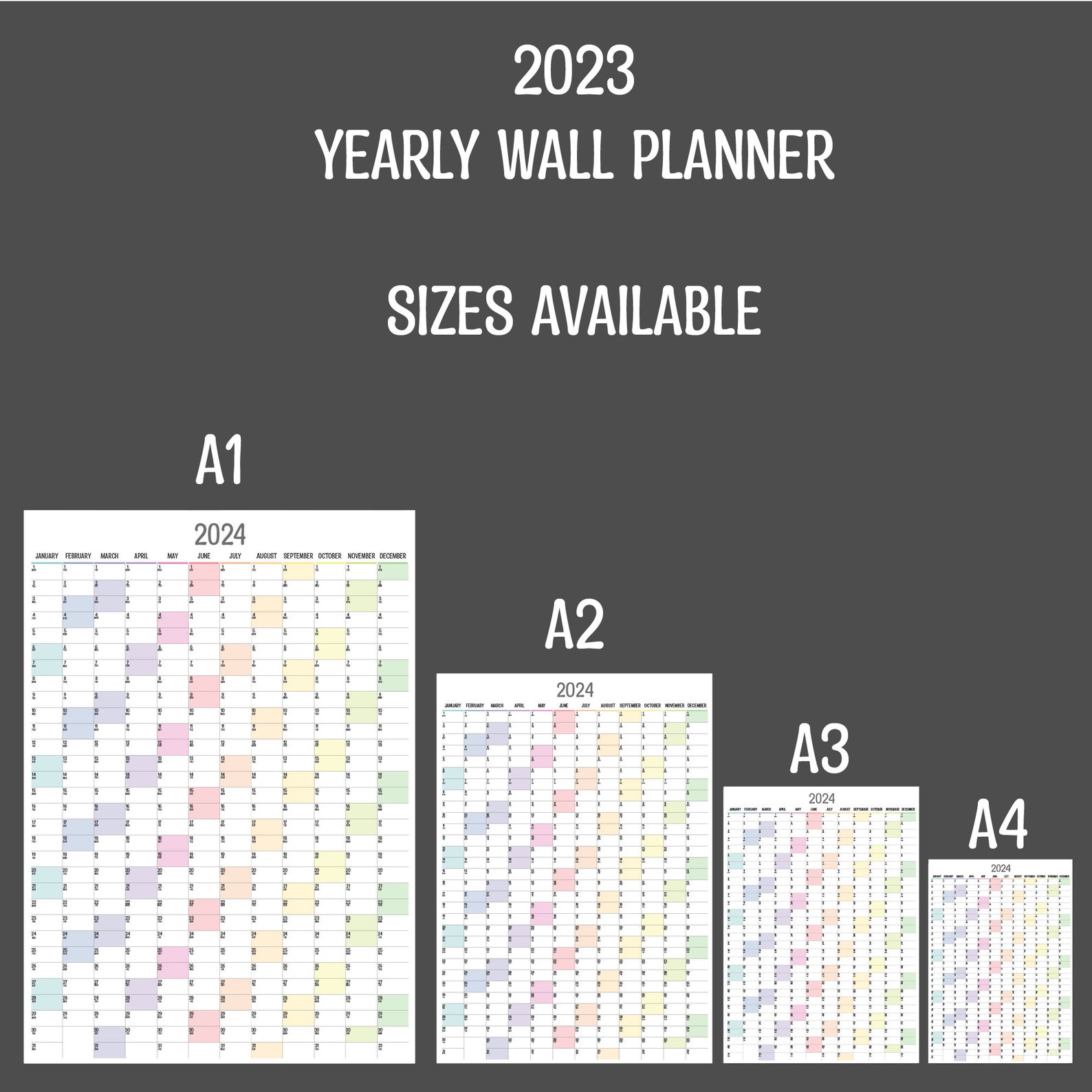 2024 Vertical Full Year Wall Planner, Printable PDF, A4,A3,A2 & A1 ...