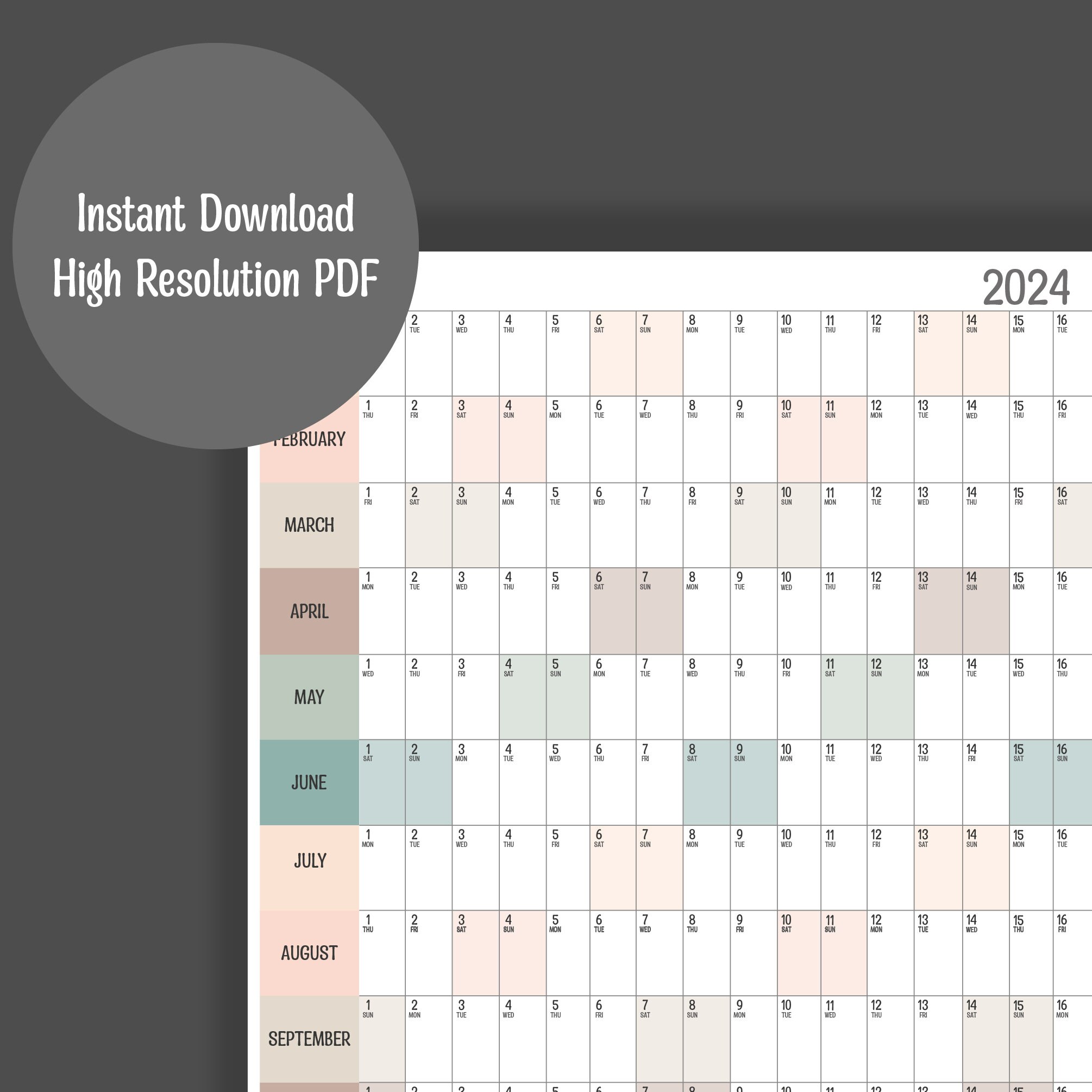 2024 Horizontal Full Year Wall Planner, Printable PDF, A4,A3,A2 & A1 ...