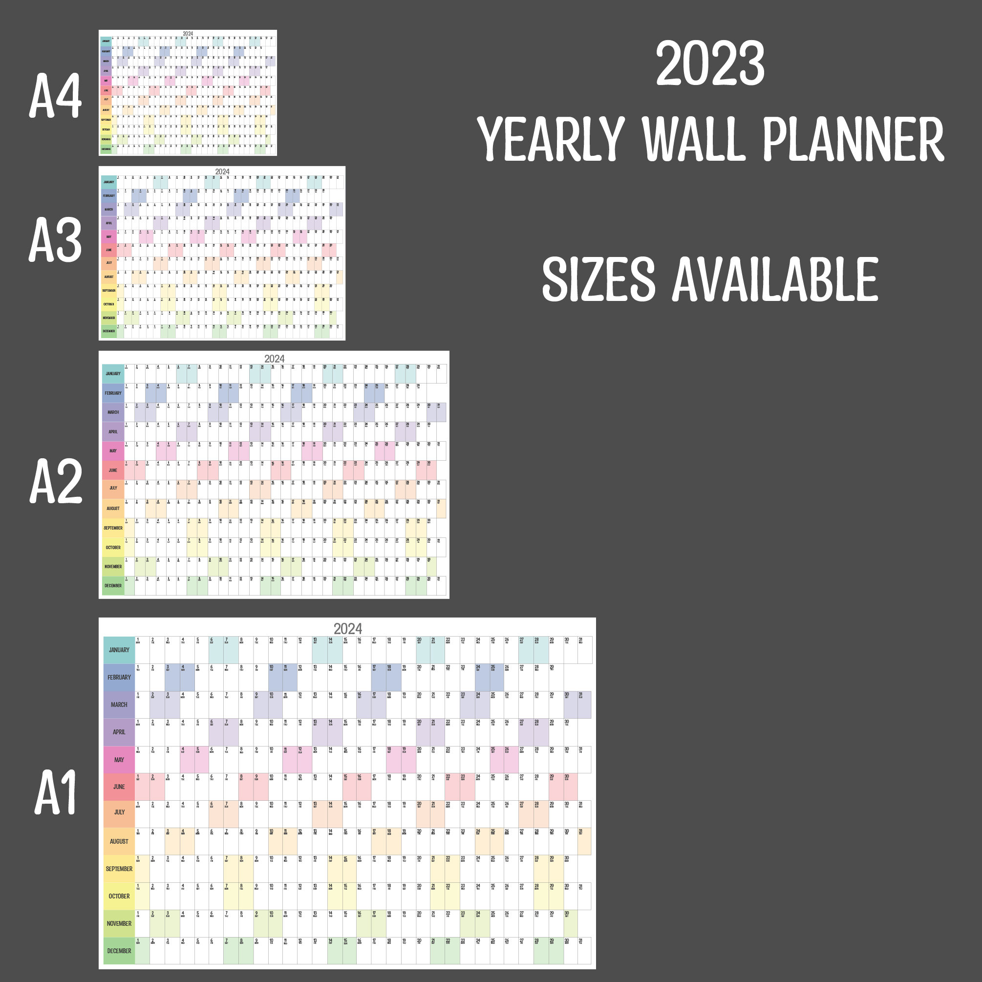 2024 Horizontal Full Year Wall Planner, Printable PDF, A4,A3,A2 & A1 ...