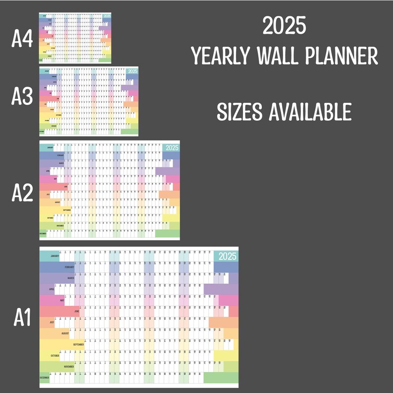 2025 Horizontal Full Year Wall Planner, Printable PDF, A4,A3,A2 & A1 ...