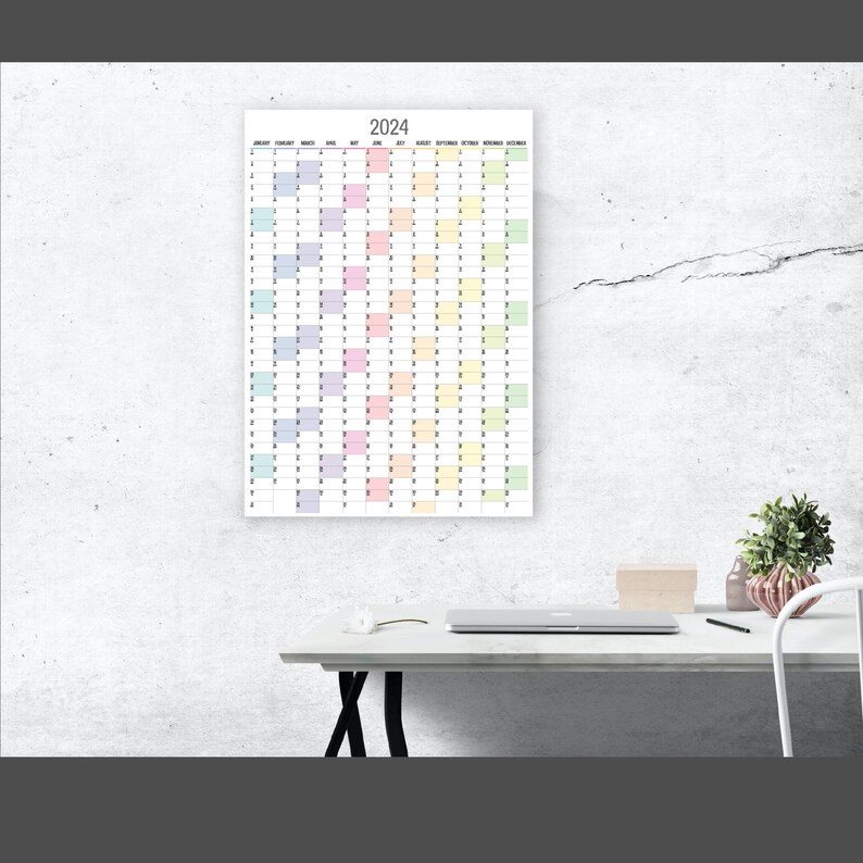 2024 Vertical Full Year Wall Planner, Printable PDF, A4,A3,A2 & A1 ...