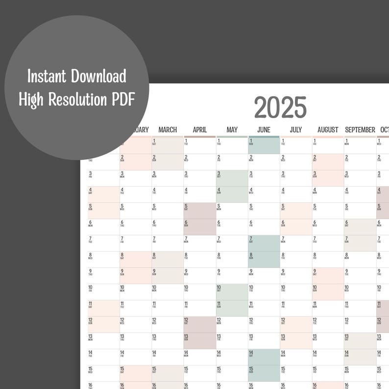 2025 Vertical Full Year Wall Planner, Printable PDF, A4,A3,A2 & A1 ...