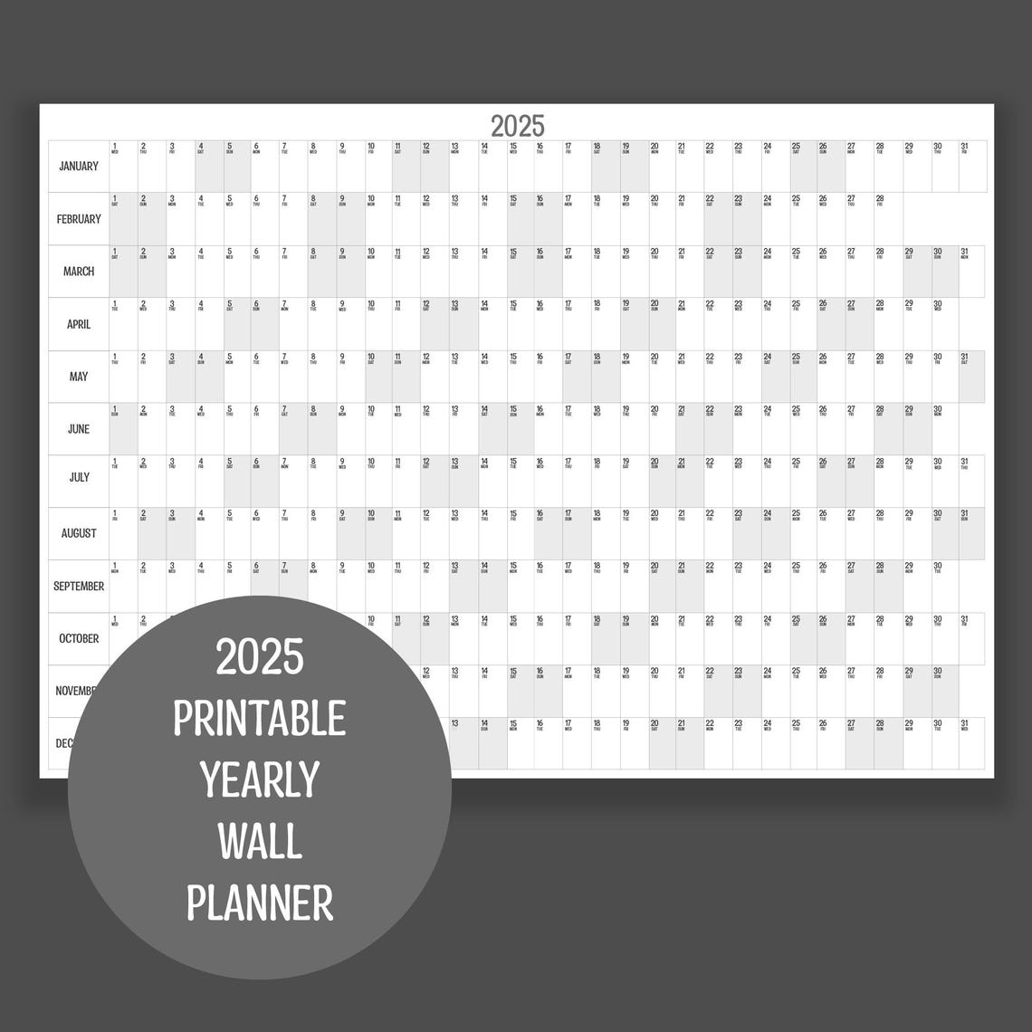 2025 Horizontal Full Year Wall Planner, Printable PDF, A4,A3,A2 & A1 ...