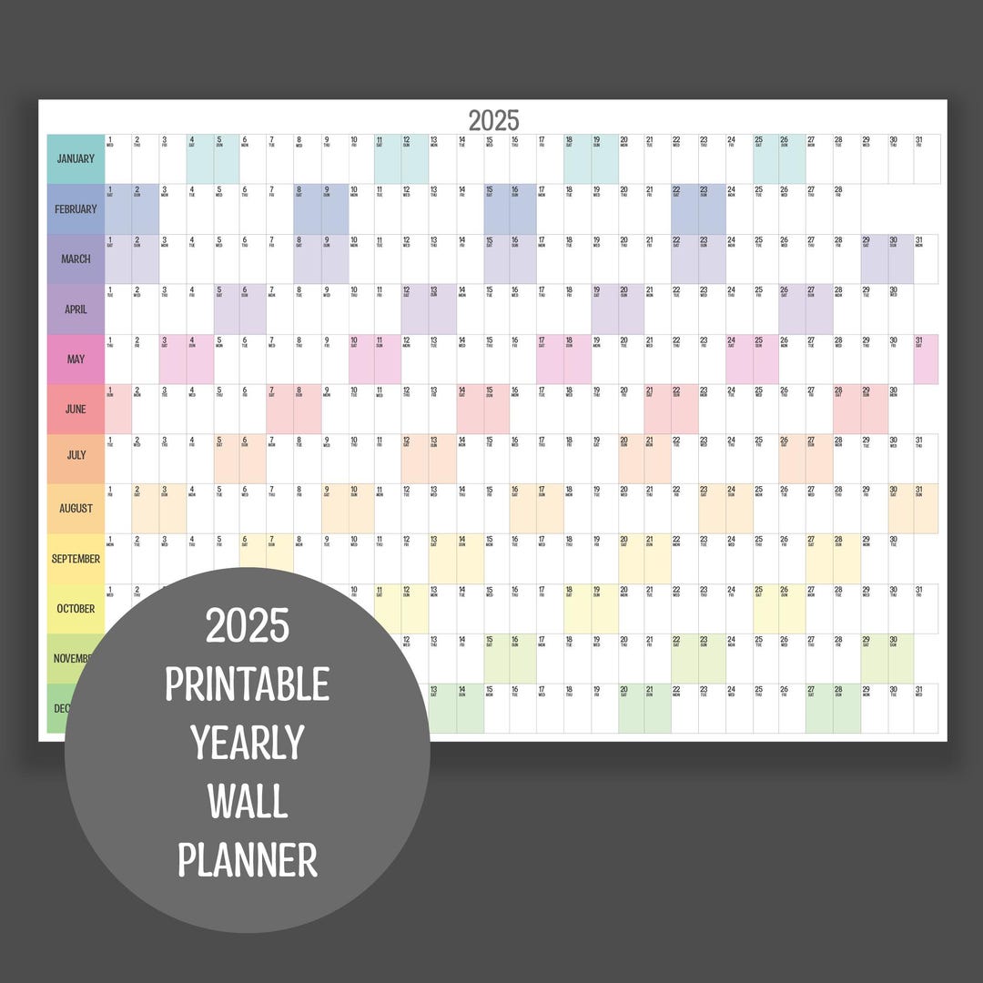 2025 Horizontal Full Year Wall Planner, Printable PDF, A4,A3,A2 & A1 ...