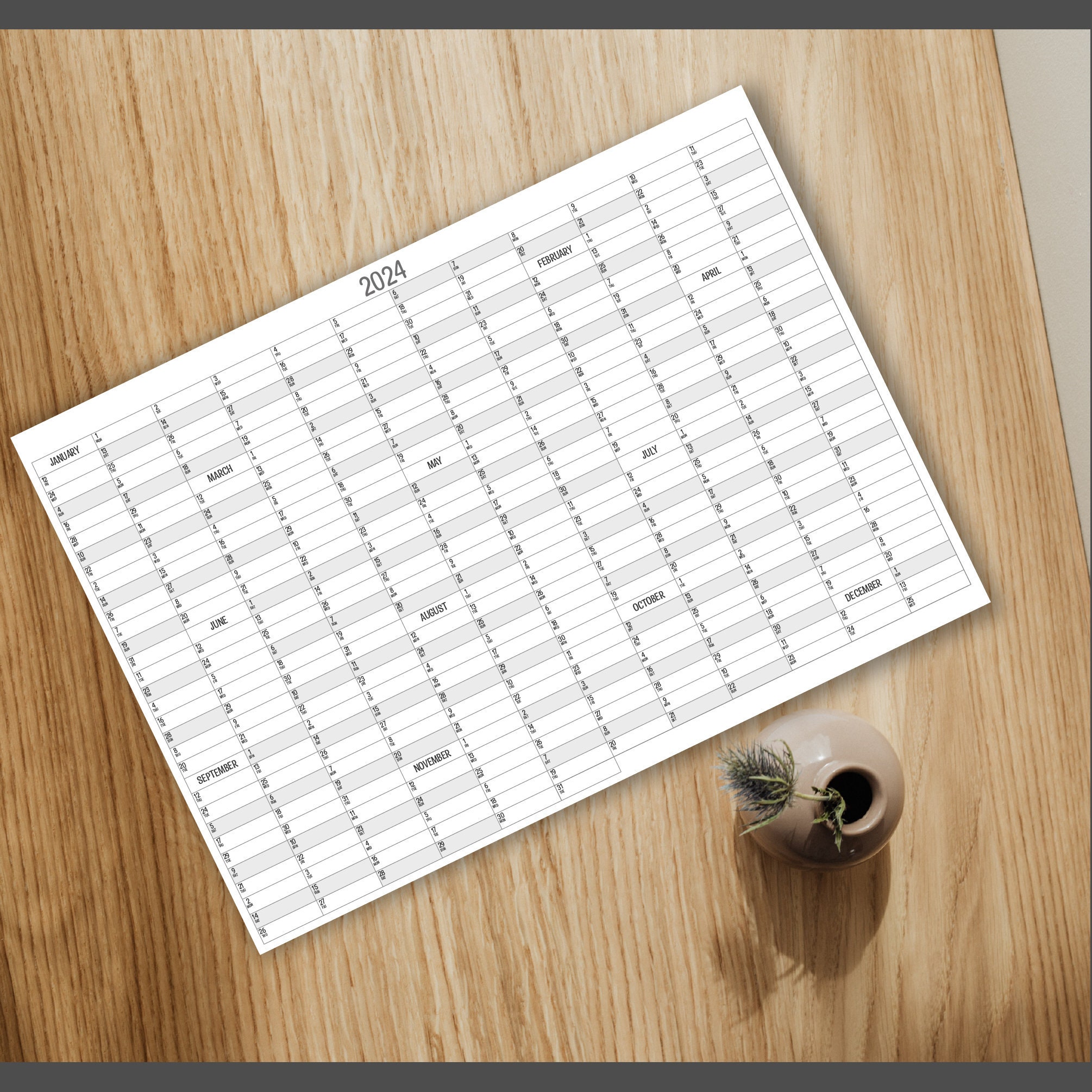 2024 Horizontal Full Year Wall Planner, Printable PDF, A4,A3,A2 & A1 ...