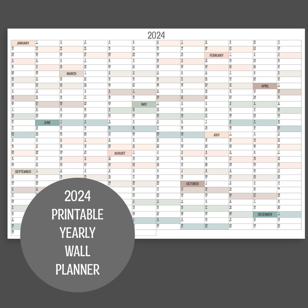 2024 Horizontal Full Year Wall Planner, Printable PDF, A4,A3,A2 & A1 ...