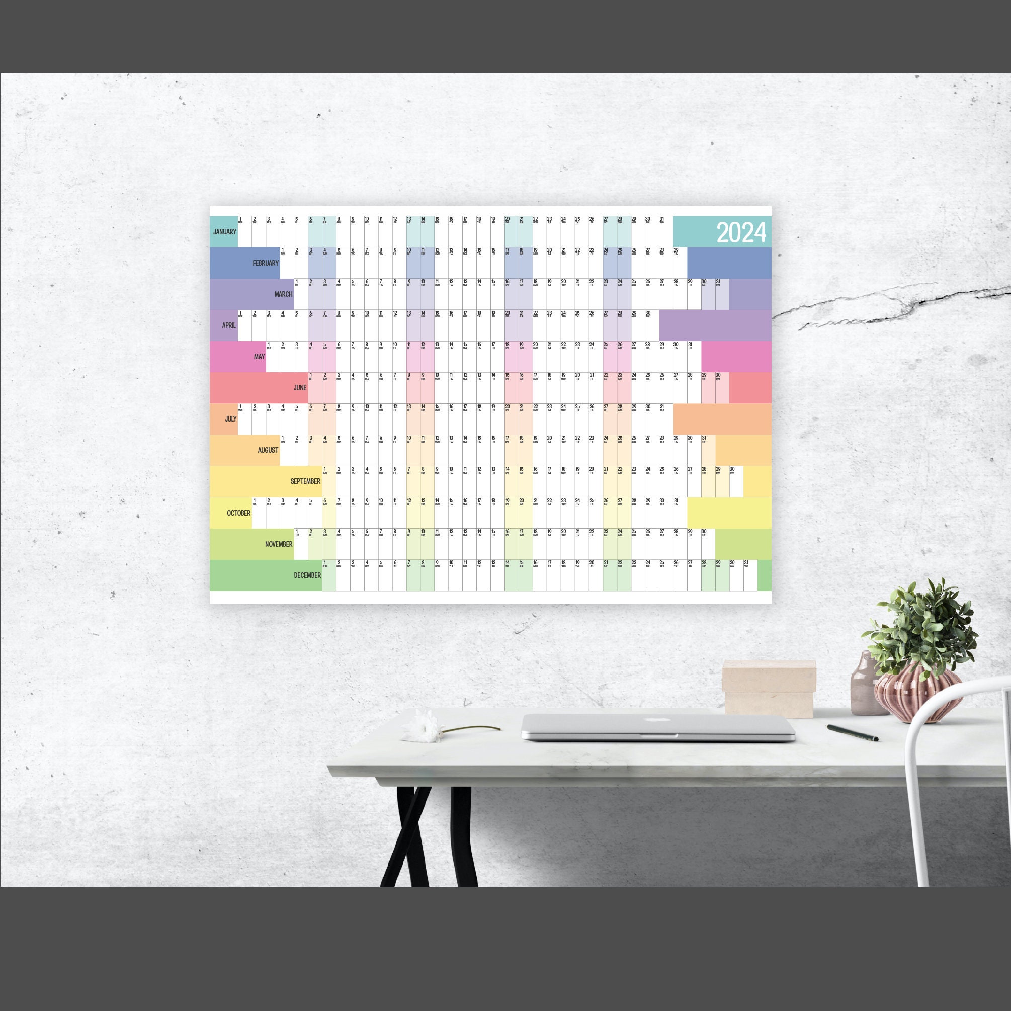 2024 Horizontal Full Year Wall Planner, Printable PDF, A4,A3,A2 & A1 ...