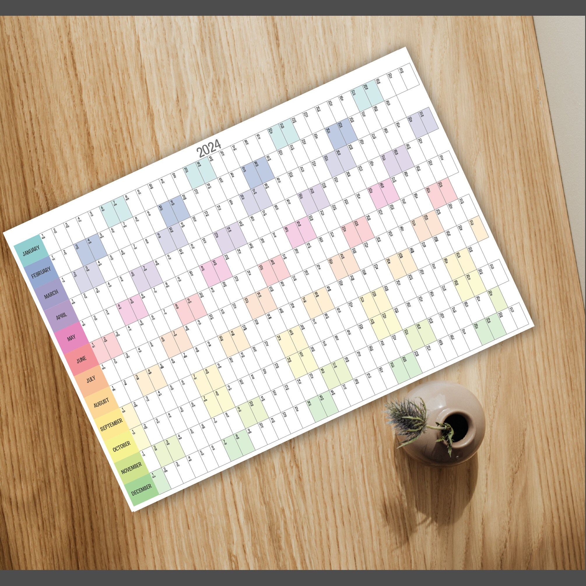2024 Horizontal Full Year Wall Planner, Printable PDF, A4,A3,A2 & A1 ...