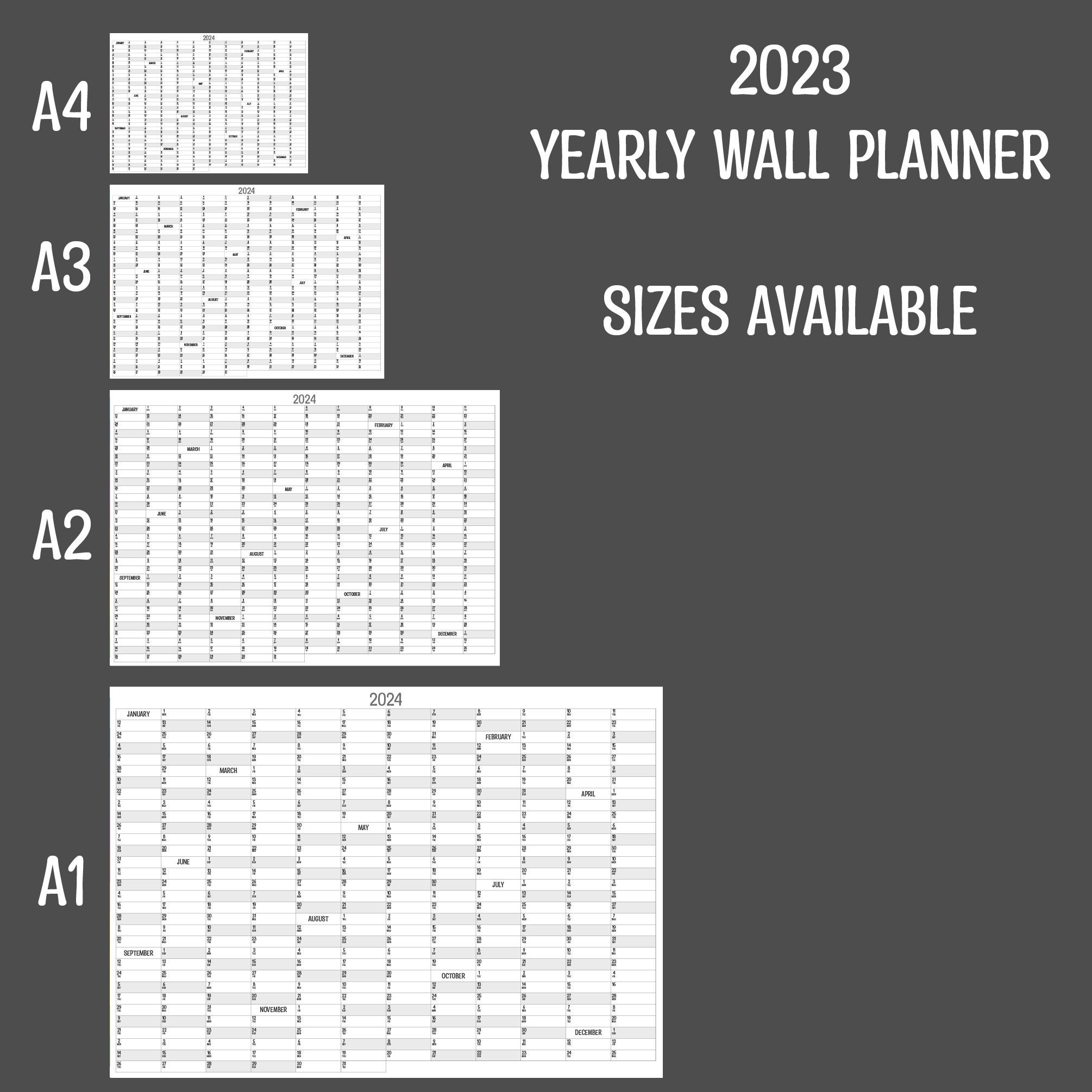 2024 Horizontal Full Year Wall Planner, Printable PDF, A4,A3,A2 & A1 ...