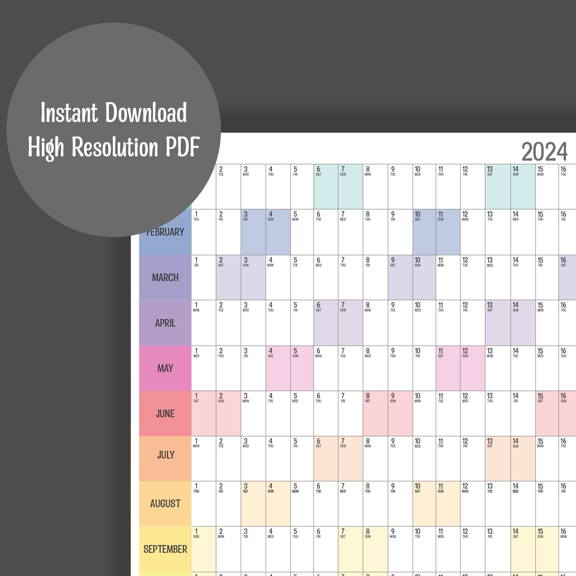 2024 Horizontal Full Year Wall Planner, Printable PDF, A4,A3,A2 & A1 ...