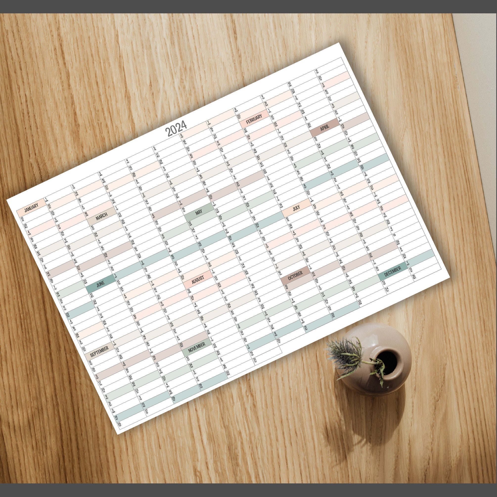 2024 Horizontal Full Year Wall Planner, Printable PDF, A4,A3,A2 & A1 ...