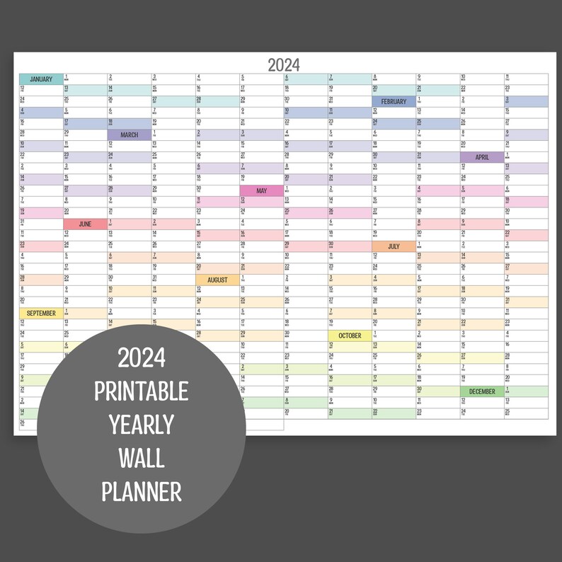 2024 Horizontal Full Year Wall Planner, Printable PDF, A4,A3,A2 & A1 ...