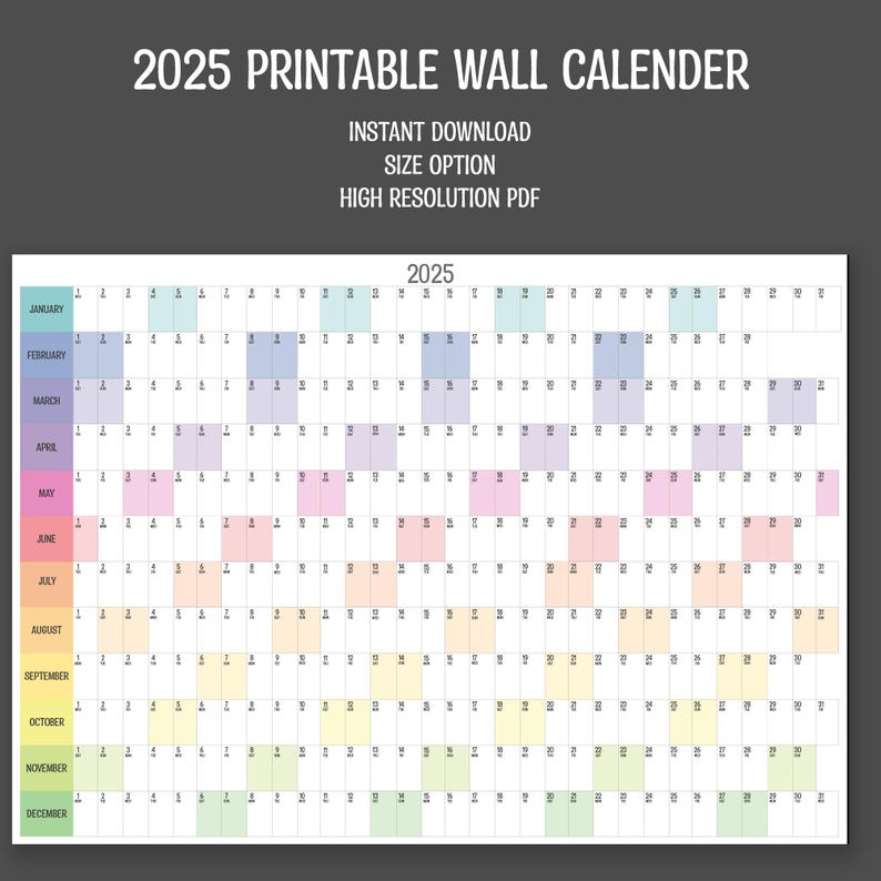 2025 Horizontal Full Year Wall Planner, Printable PDF, A4,A3,A2 & A1 ...