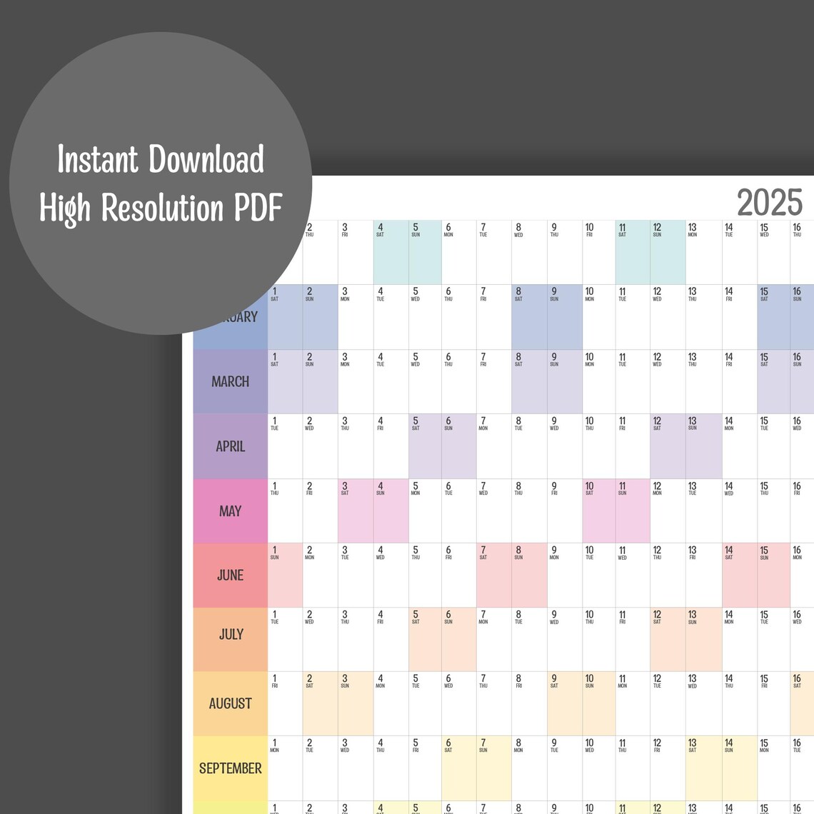 2025 Horizontal Full Year Wall Planner, Printable PDF, A4,A3,A2 & A1 ...
