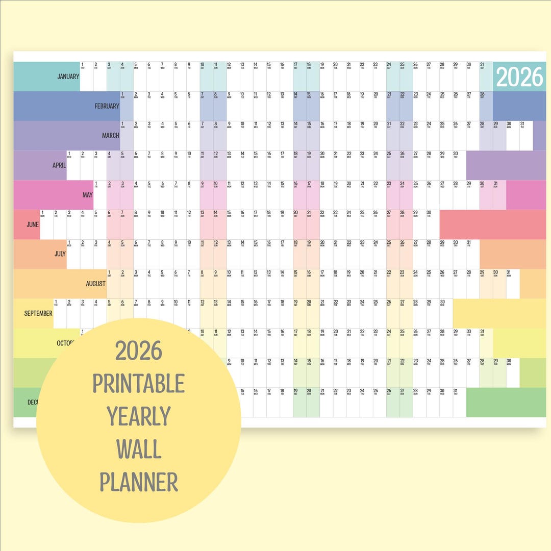 2026 Horizontal Full Year Wall Planner, Printable PDF, A4, A3, A2 & A1 ...