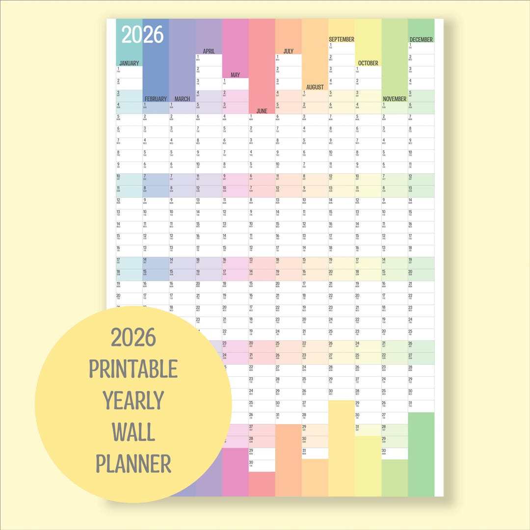 2026 Vertical Full Year Rainbow Color Wall Calendar, Printable PDF, A4 ...