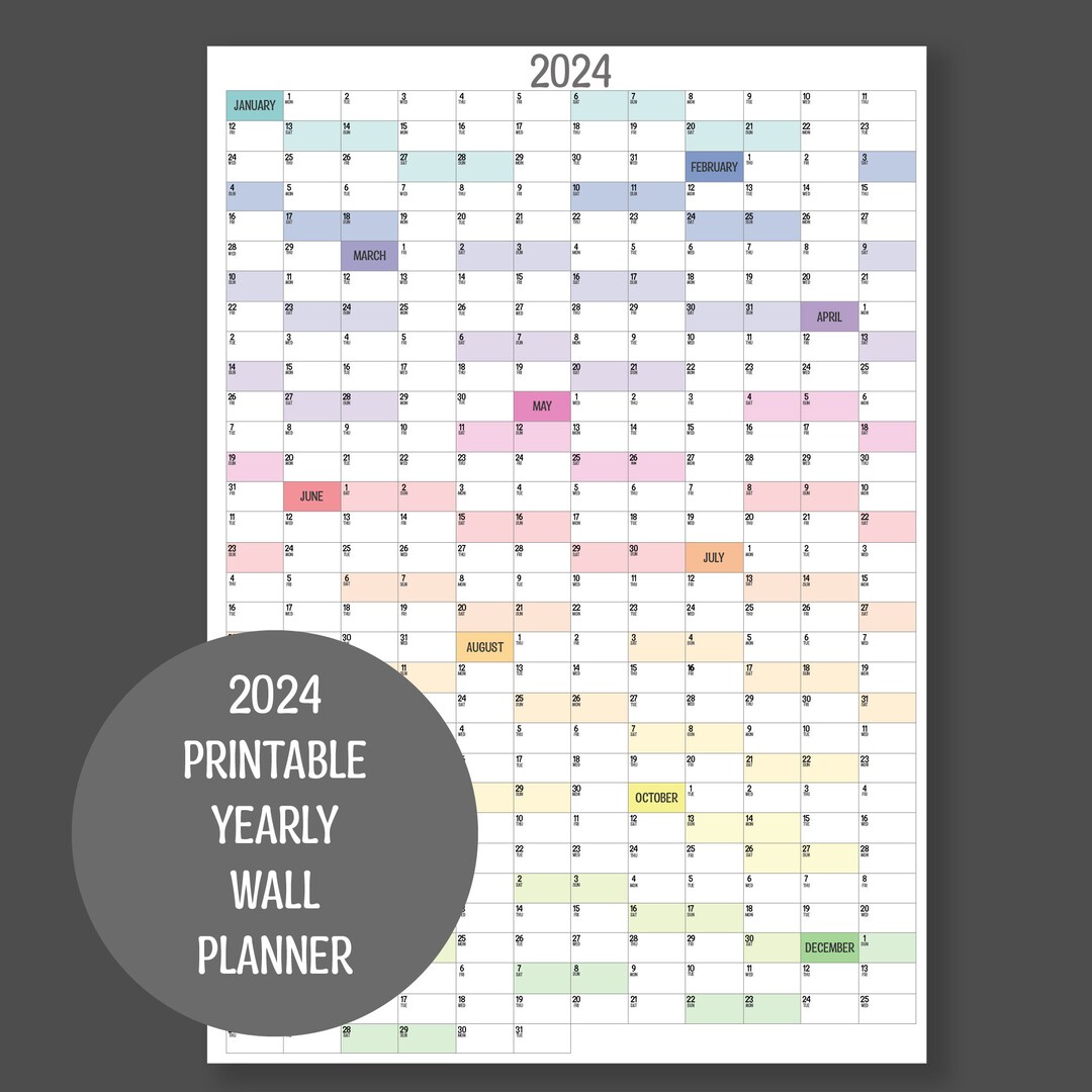 2024 Vertical Full Year Wall Planner, Printable PDF, A4,A3,A2 & A1 ...