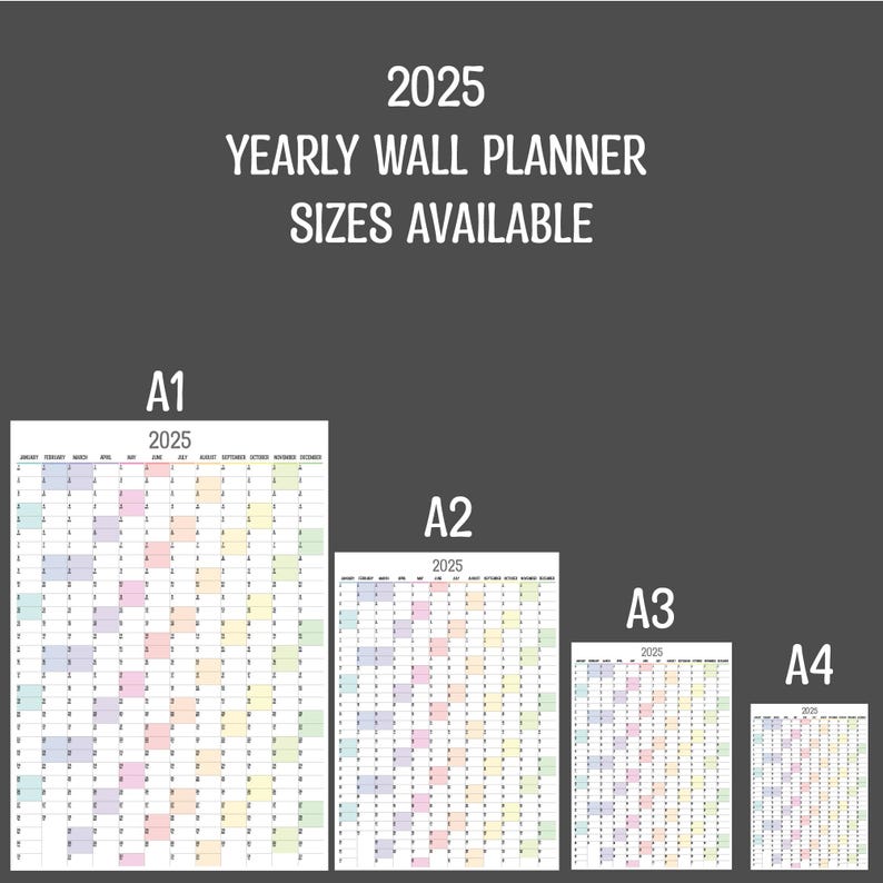 2025 Vertical Full Year Wall Planner, Printable PDF, A4,A3,A2 & A1 ...